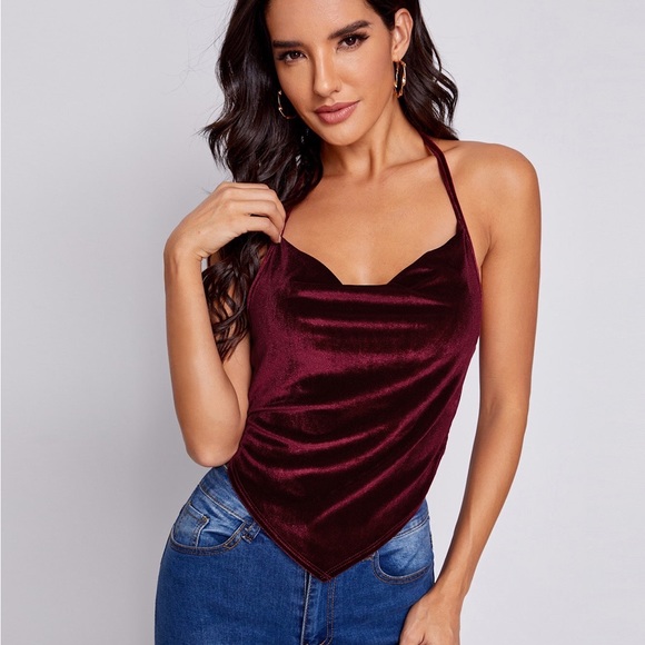 SHEIN | Tops | Nwt Shein Bae Maroon Draped Neck Hanky Hem Tied Back ...